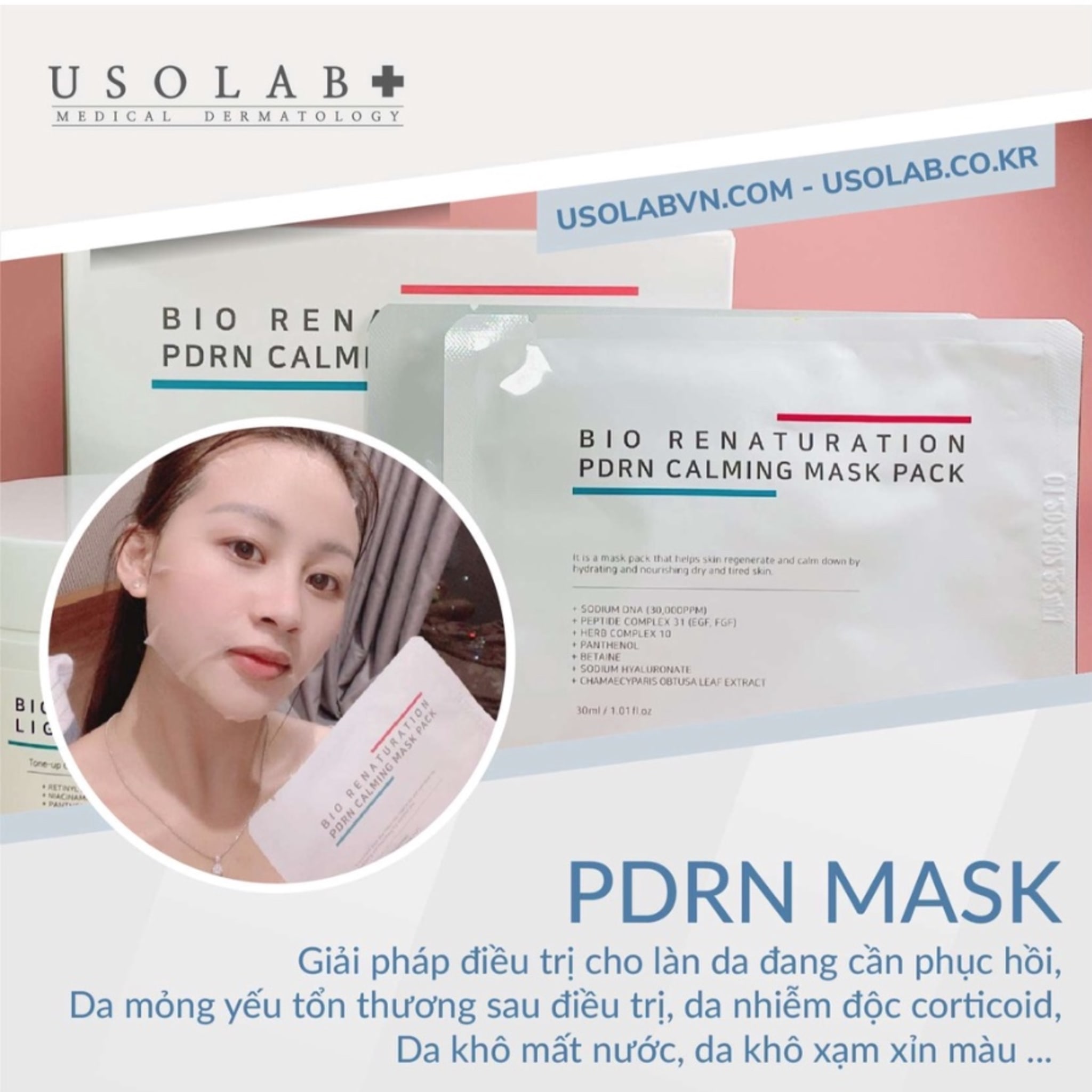 BIO RENATURATION PDRN CALMING MASK PACK USOLAB 10 (miếng / hộp) - Mặt nạ miếng làm dịu da cấp kỳ ...